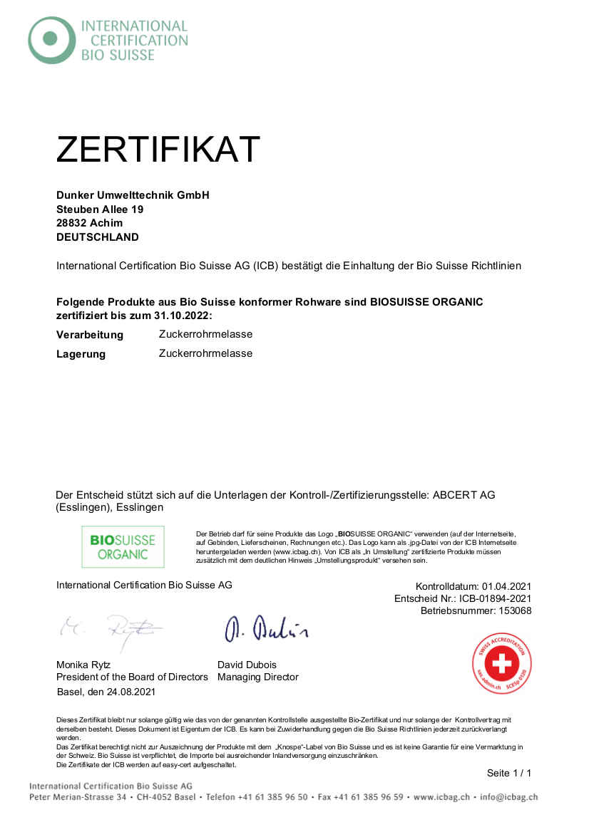 Dunker Umwelttechnik - Services - Products - Certificates